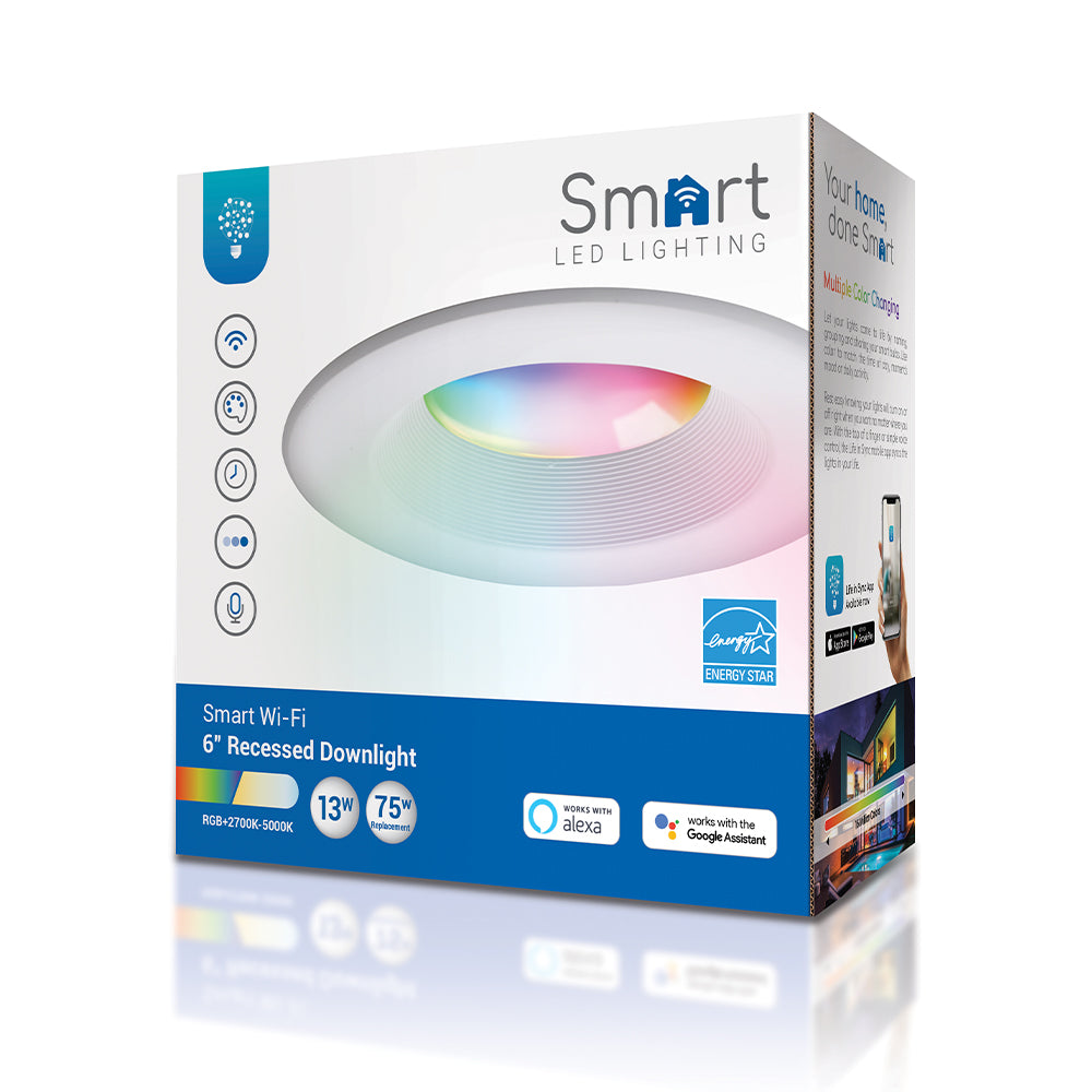 6" Round Recessed 5CCT & RGB LED Smart Wi-Fi Retrofit with White Trim ...